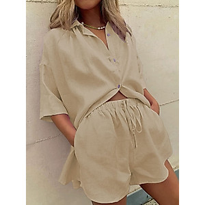 Meenew Women's 2 Piece Outfits Short Sleeve Shirt and Shorts Set Button Down Lounge Set Sweatsuits Pajama Set L Light Khaki