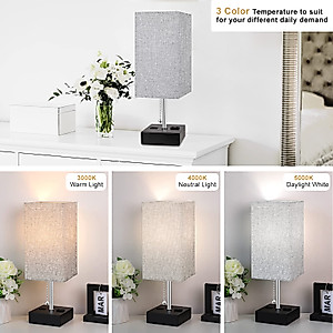 WIHTU 3-Color Temperature Bedside Lamp with USB Port and AC Outlet Table Lamps for Bedroom Lamps Nightstand Lamps with Grey Shade Black Metal Bed Lamp Small Desk Lamps for Living Room(Bulb Included)