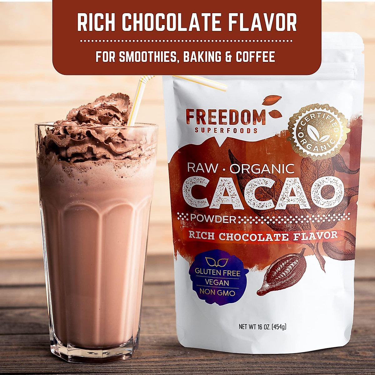 Cacao Powder Organic Raw - Natural Unsweetened Cocoa - Rich Dark Chocolate Taste - Make Sugar-Free, Vegan, Keto & Gluten-Free Hot Chocolate’s and Recipes - 1lb/ 16oz