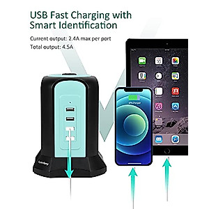 Power Strip Tower Surge Protector, SUPERDANNY Desktop Charging Station, 10 Ft Extension Cord, 9 Outlets, 4 USB Ports, 1080 Joules, 3-Prong, Grounded, Multiple Protections for Home, Office, Blue