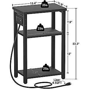 Aheaplus 3 Tier Slim End/ Side Table Set of 2 with Charging Station, Storage Shelf, Narrow Bedside Nightstand with USB Ports & Outlets for Sofa, Bedroom, Living Room, Black