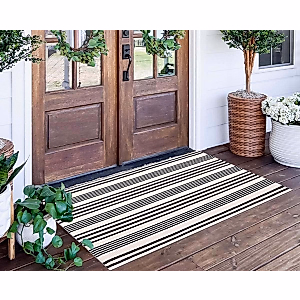 Black and White Striped Rug 24'' x 51''Outdoor Front Porch Rug Hand-Woven Machine Washable Indoor/Outdoor Layered Door Mats for Entryway/Bedroom/Outdoor