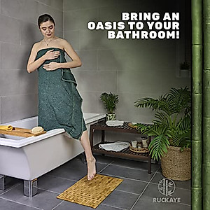 Ruckaye Bamboo Bath Shower Mat 24x16 Inches with Silicone Grip Pads – Foldable, Waterproof, Slip Resistant for Bathroom, Sauna, Spa, Kitchen & Outdoors– Environment Friendly