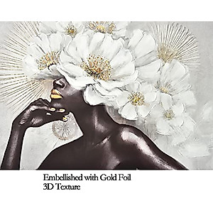 ARTINME Framed African American Black Art Women with Glod Flowers Wall Art Hand-Painted on Canvas Print Wall Picture for Home Accent Living Room Wall Deco 24"x36"