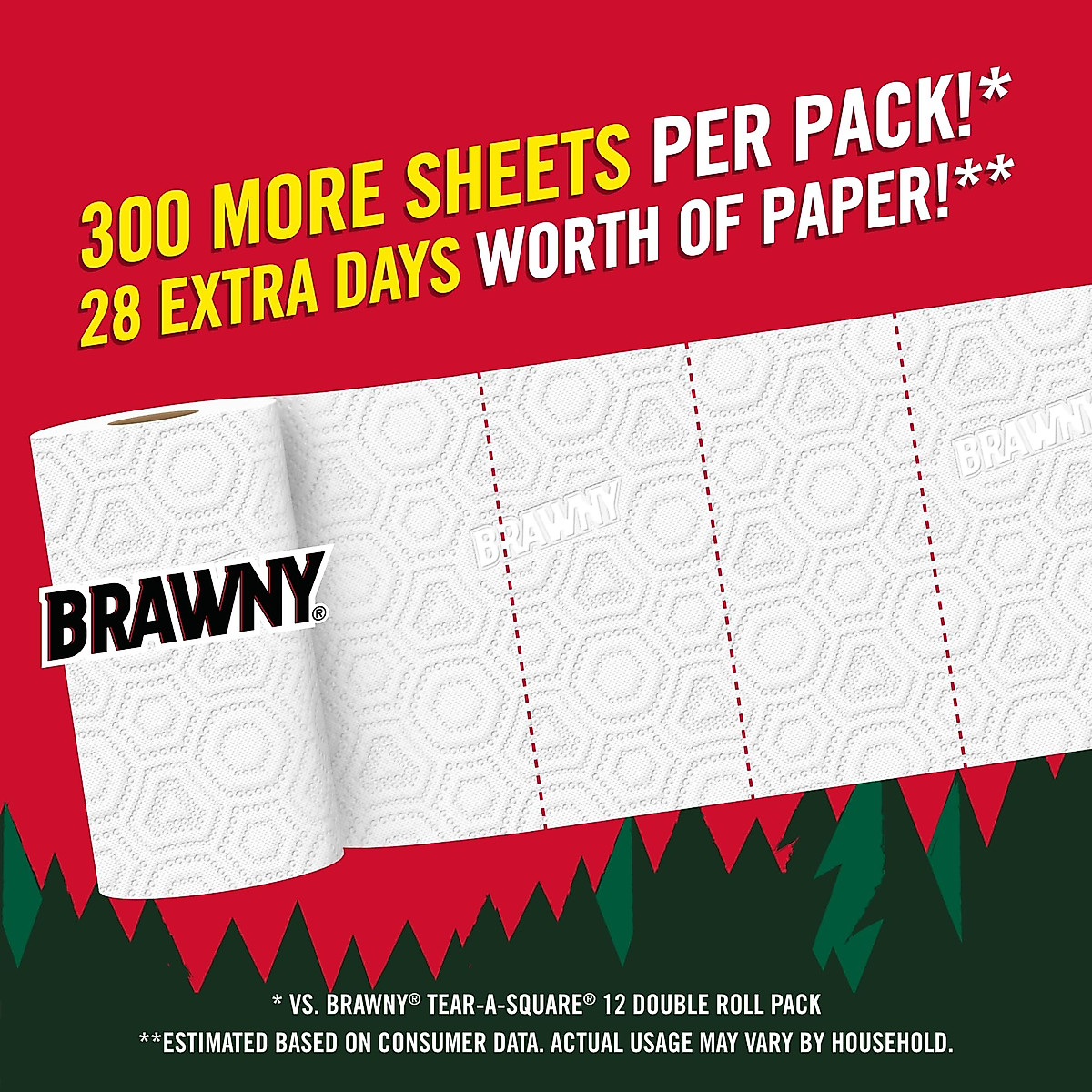 Brawny Tear-A-Square Paper Towels, 12 Family Rolls = 30 Regular Rolls, 2X More Durable*, 3 Sheet Sizes, Strong and absorbent extra-large roll