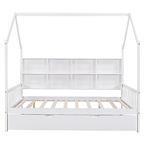 Full House Bed with Trundle, Kids Full Platform Bed Frame with Storage Shelves and Roof, Montessori Bed, Tent Bed, Wood Playhouse Bed Full for Kids Teens Girls & Boys (Full, White)