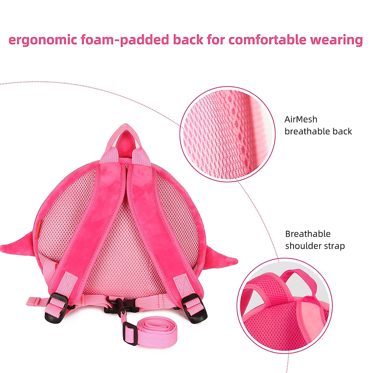 Supercute Kid's Backpack 3D Shark Shape With Toddler Safety Harnesses & Leashes, Preschool Backpack for 2-5 Years Old Girls Boys (Rose)