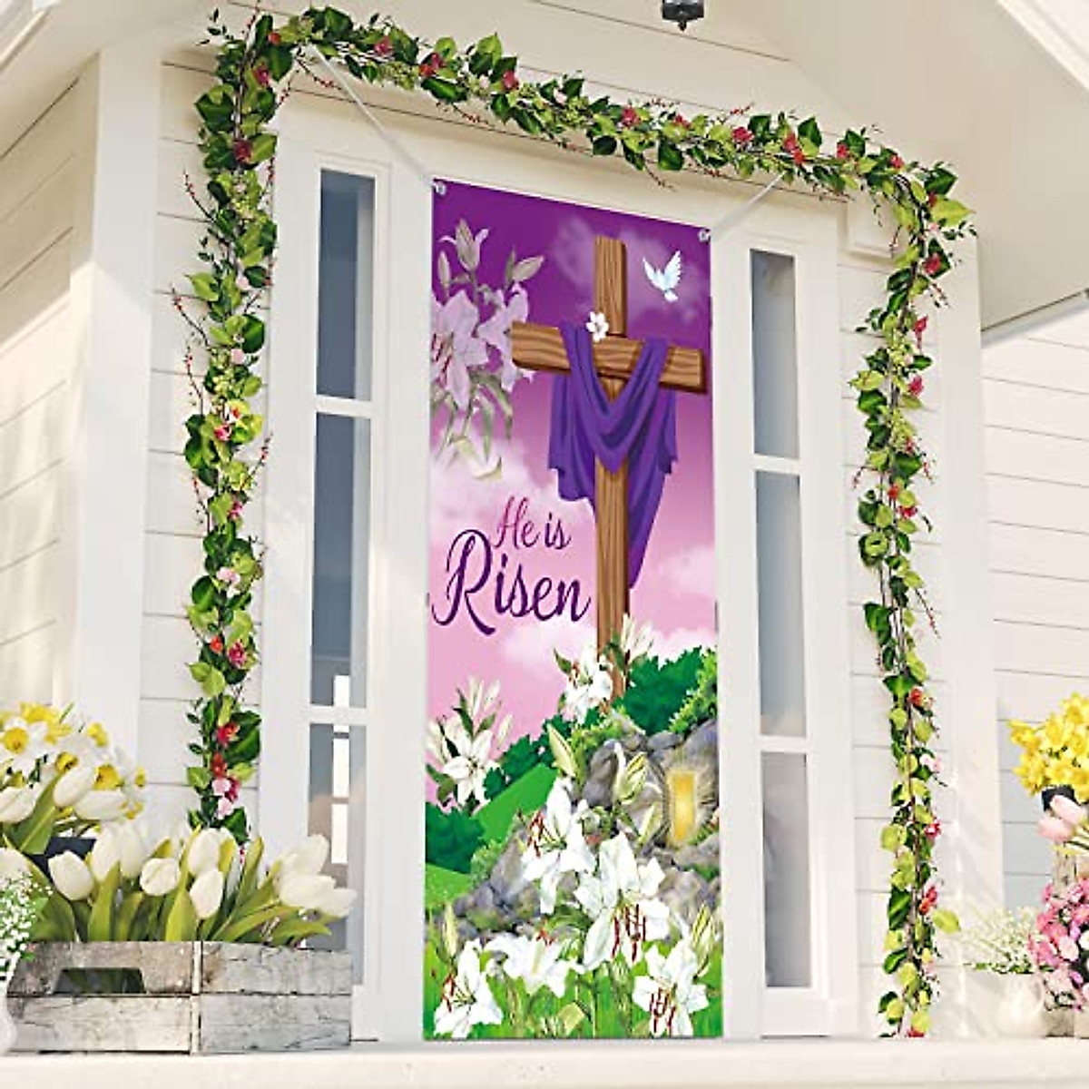 Happy Easter Day Decorations Easter Door Cover Easter Religious Door Cover He Is Risen Door Cover Large Fabric Easter Cross Door Cover Background for Jesus Spring Easter Party Decor 70.87 x 35.43 Inch