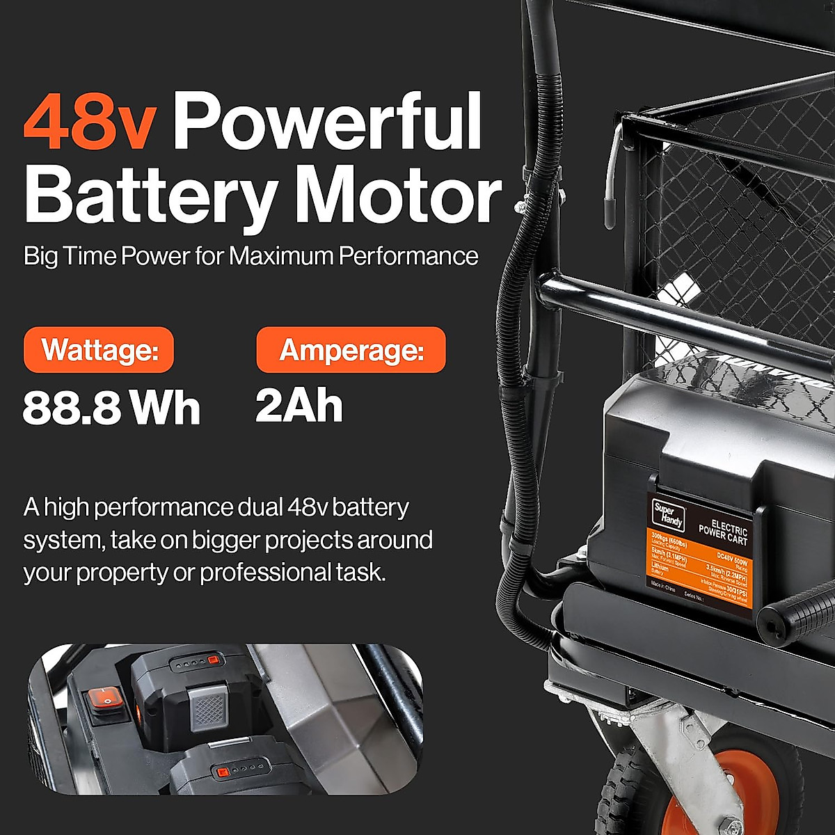 SuperHandy Utility Service Cart Power Wagon Wheelbarrow Electric 48V DC Li-Ion Powered 660Lbs Load and 1000Lbs+ Hauling Capacity Farm and Garden All Purpose Modular Cargo Bed