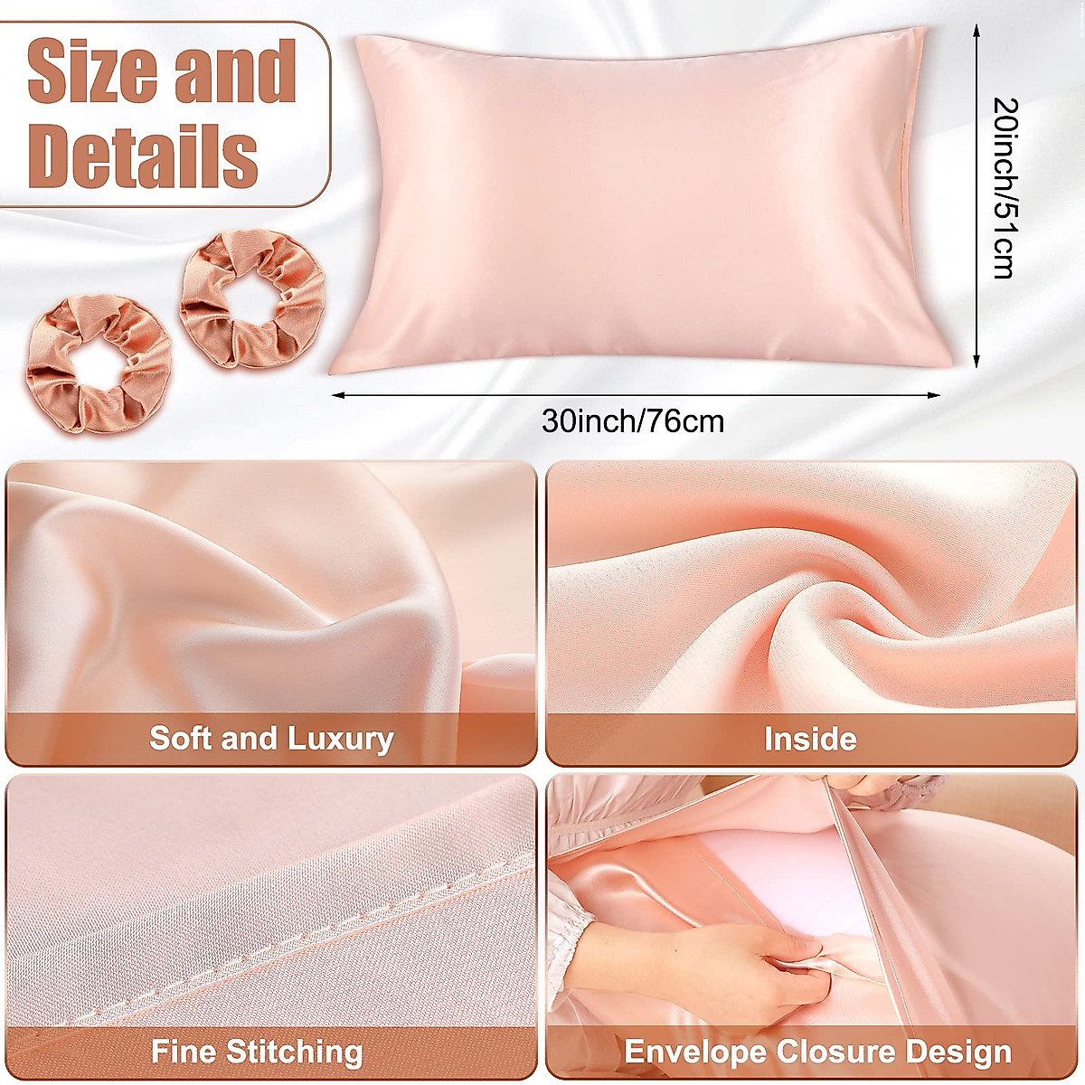6 Pieces Silk Cap Silk Pillowcase Set, Silk Sleeping Bonnet Silk Hair Wrap Silk Pillow Cases Silk Hair Scrunchies Silk Hair Ties Elastic Silk Ponytail Holders for Women Girls (Rose Gold, Pink)