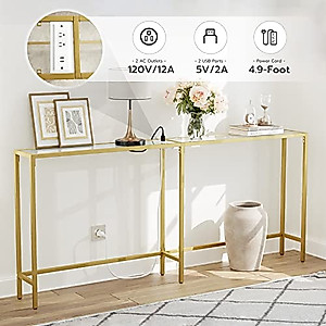 HOOBRO Gold Console Table, 70.9" Tempered Glass Sofa Table, Modern Extra Long Entryway Table with USB Ports, Behind Couch Table for Entryway, Hallway, Foyer, Living Room GD18UXG01