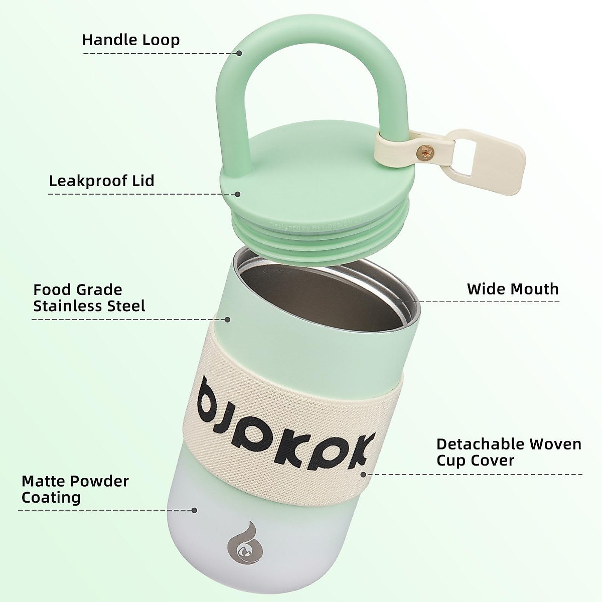 BJPKPK 13oz Insulated Stainless Steel Loop Tumbler With Lid And Handle Travel Coffee Mug Thermal Cup,Green Fog