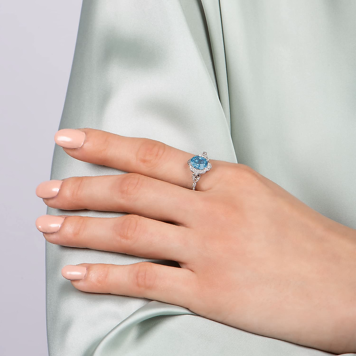 Jewelili Enchanted Disney Fine Jewelry Sterling Silver 1/5 Cttw Diamond and Swiss Blue Topaz Jasmine Ring Size 7