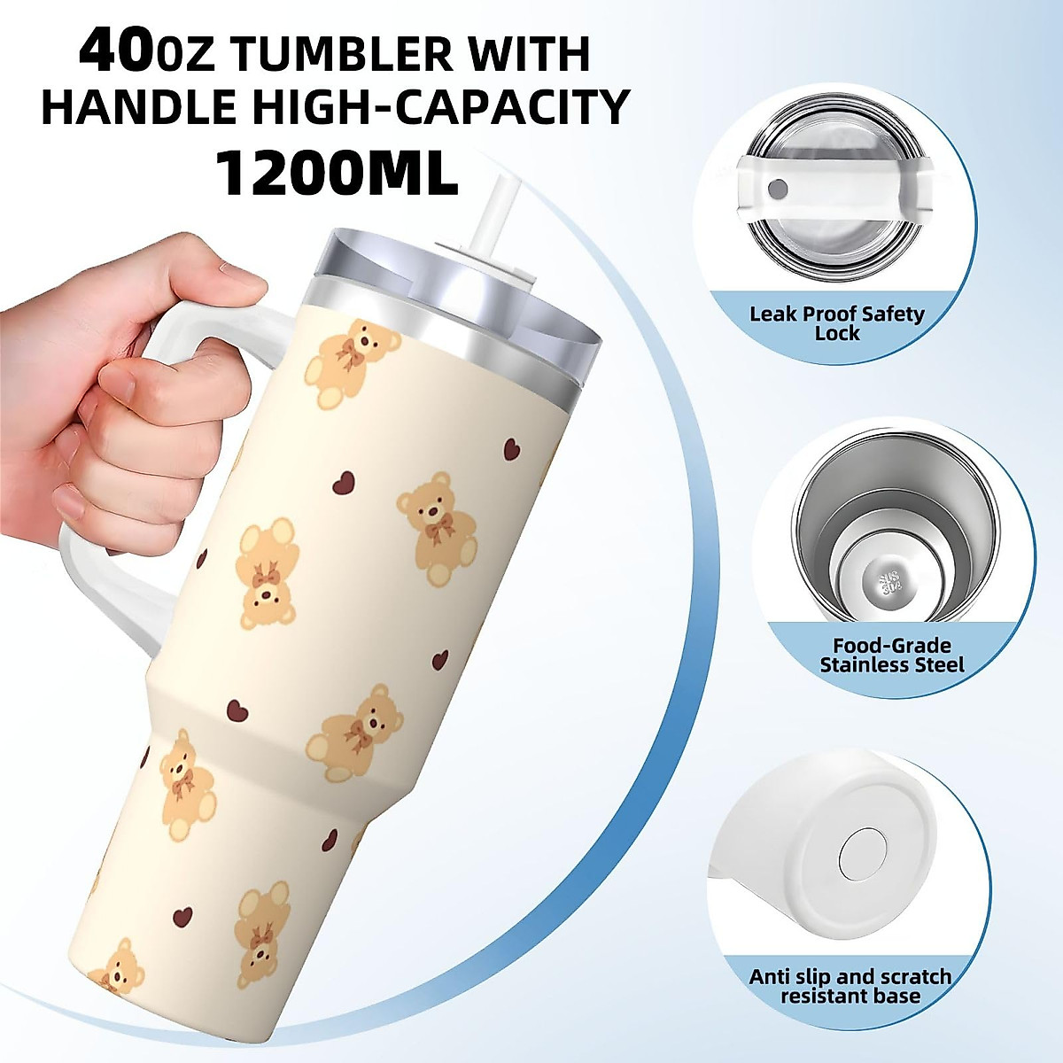Teddy Bears Hearts 40oz Tumbler With Handle And Straw Insulated Tumblers Leak Proof Double Walled Stainless Steel Travel Mug pattern73