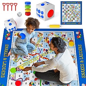 Board Game-Snake & Ladder Game Set, with 63"*70" Board, Huge Inflatable Sieve, 4 Chess Pieces and 4 Nails, Preschool Educational Toys 3 4 5 6 7 8 9 Year Old Boys and Girls for Birthday Gift Toys