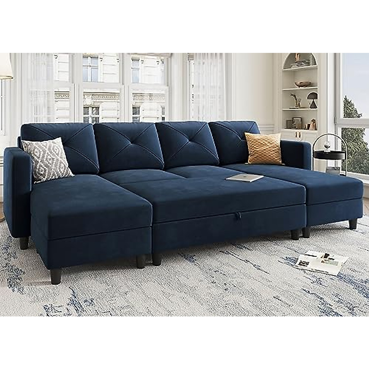 HONBAY U Shaped Sofa with Storage Ottoman Sleeper Sofa with Double Chaise Sofa Bed for Living Room, Velvet Dark Blue