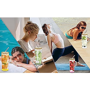 4-Pack 24oz Glass Tumbler Cups with Handle, Bamboo Lids, and Straws - Reusable Mason Jar Drinking Glasses for Iced Coffee, Smoothies, Beer, Juice, and Tea