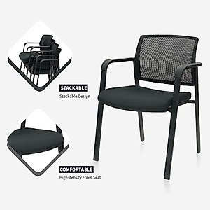 CLATINA Guest Reception Stacking Office Chairs with Arm, Mesh Back Waiting Room Chair with Upholstered Fabric Seat and Ergonomic Lumbar Support for Office Conference School Church, Black-2 Pack