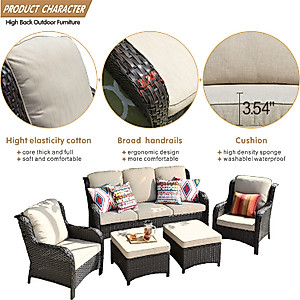XIZZI Patio Furniture Set Outdoor Conversation Sets 5 Pieces All Weather Wicker Patio Conversation with High Back Sofa and 2 Chairs and 2 Ottomans for Garden,Backyard and Deck,Brown Wicker Beige