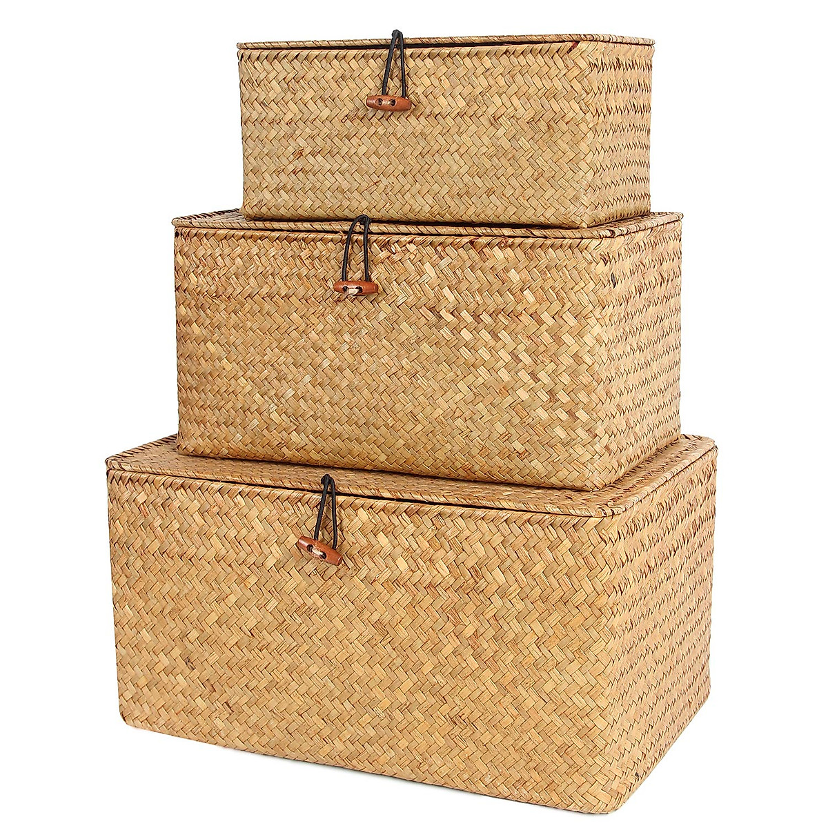 FEILANDUO Wicker Shelf Baskets with Lids, Seagrass Storage Baskets Bins Rectangular Woven Baskets Boxes for Organizing Home Decor Set of 3