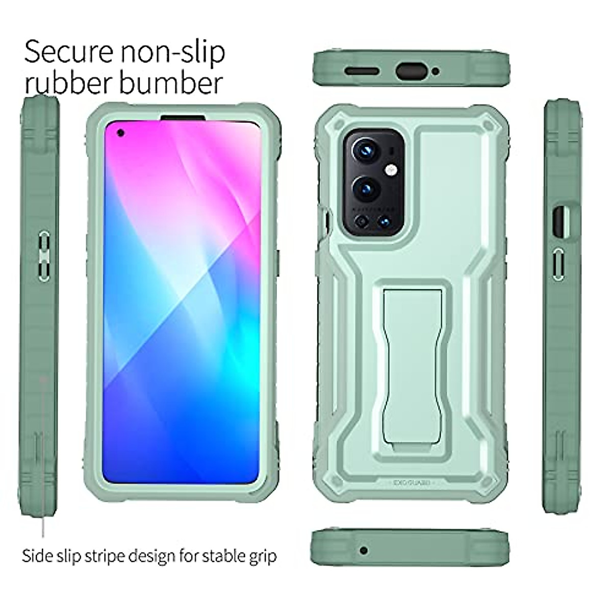 ExoGuard for OnePlus 9 Pro Case, Rubber Shockproof Full-Body Cover Case Built-in Screen Protector and Kickstand Compatible with OnePlus 9 Pro Phone (Green)