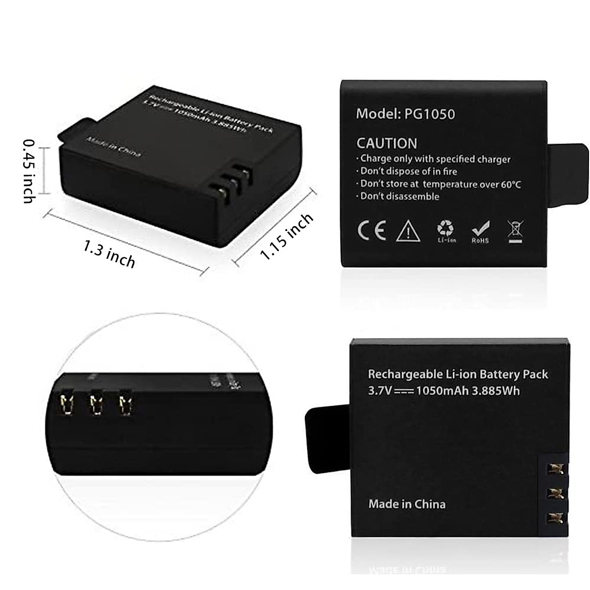 VVHOOY 3 PCS 1050mAh Rechargeable Action Camera Battery Pack Dual Battery Charger Compatible with AKASO EK7000 EK5000 Brave 4/ DBPOWER EX5000/EKEN H9/ Dragon Touch Vision 3 4K Sports Action Camera