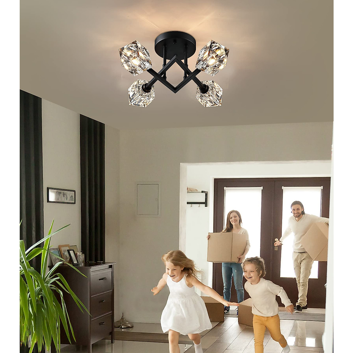 AMZASA Modern Semi Flush Mount Ceiling Light, Black Dining Room Light Fixtures,4-Lights Geometric Crystal Chandelier for Bedroom Entryway Hallway Porch Laundry Room