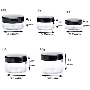 ZEJIA 30pcs Small Travel Containers, Sample Containers with Screw Lids, 5 Size 3/5/10/15/20 Gram Sample Jars, Makeup Small Travel Jars, with Labels and Mini Spatulas
