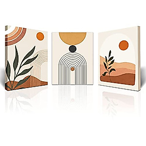 Boho Wall Art Set Of 3 - Boho Room Decor Mid Century Modern Wall Art Neutral Abstract Geometric Prints Black Beige Orange Minimalist Art Framed Canvas Prints Artwork 12" X 16" Ready To Hang For Bathroom Bedroom Wall Decor (3pcs boho Framed-C, 12x16 Inch W