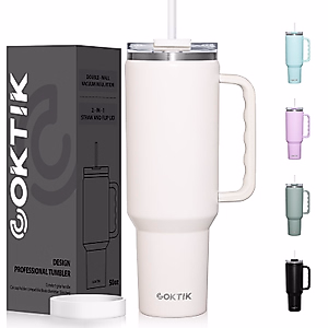 COKTIK50 oz Tumbler With Handle and Straw Lid, Vacuum Insulated Travel Coffee Mug Stainless Steel Insulated Cup for Beverages, Leak-proof, Cupholder Friendly(Beige)