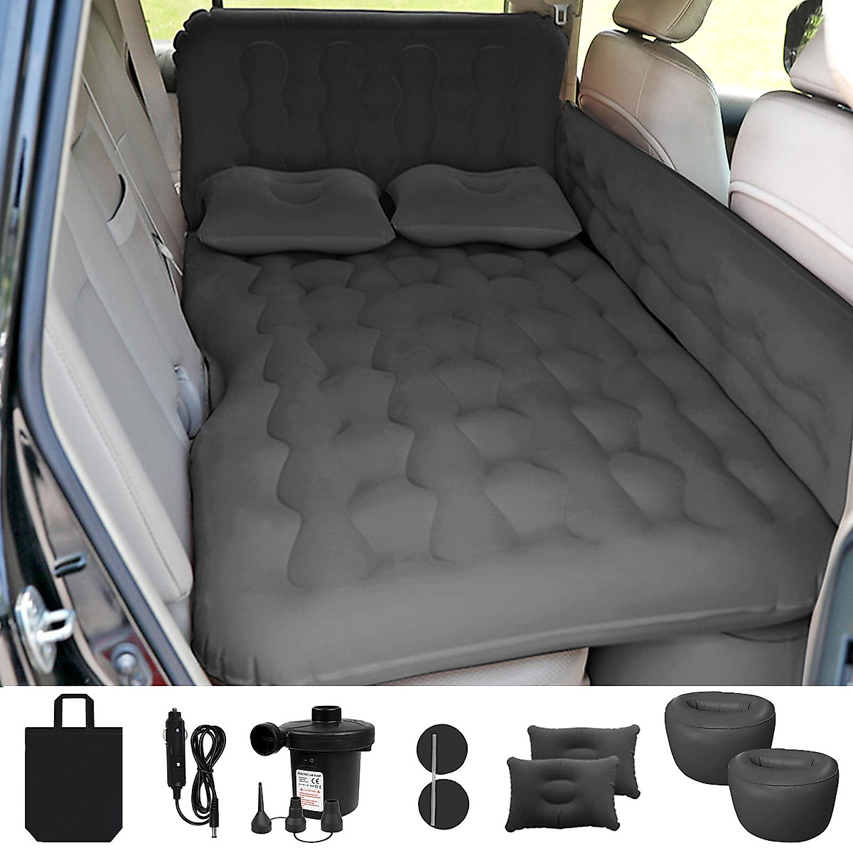 ISWEES Car Air Mattress,SUV Air Mattress, SUV Inflatable Car Bed for Back Seat Sleepping, with Pillows & Fill Piers, Thickened Flocking & PVC Surface, Air Mattress for Camping, Home Car Travel(Black)
