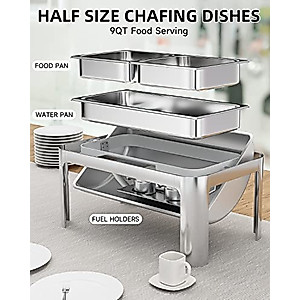 Halamine Roll Top Chafing Dish Buffet Set, 9 Qt Stainless Steel Chafer with 2 Half Size Pans Buffet Servers and Warmers Set Warming Tray for Wedding, Parties, Banquet, Catering Events, Graduation