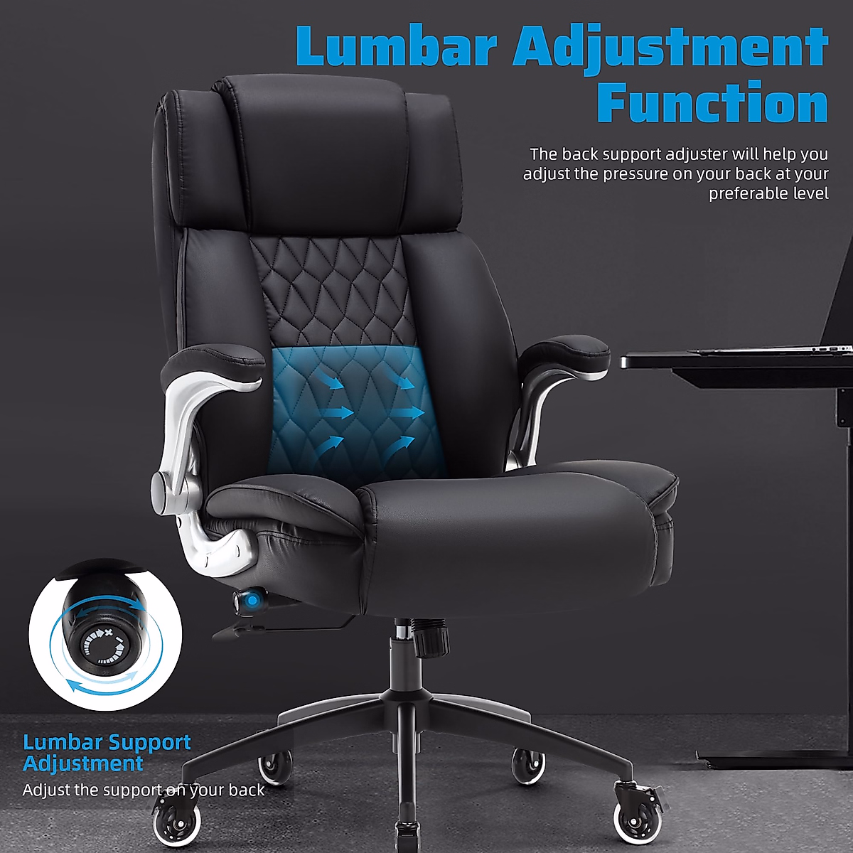 High Back Office Chair with Locking Wheels, Large Executive Desk Chair, Flip Arms Adjustable Lumbar Support, Ergonomic Synthetic Leather Computer Chair Prevents Cats Scratching, Thick Padded, Black