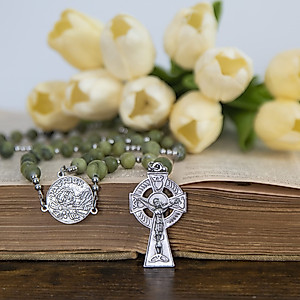 St Patrick Green Jade Rosary, Irish Rosary with Stainless Steel Celtic Cross and Medal
