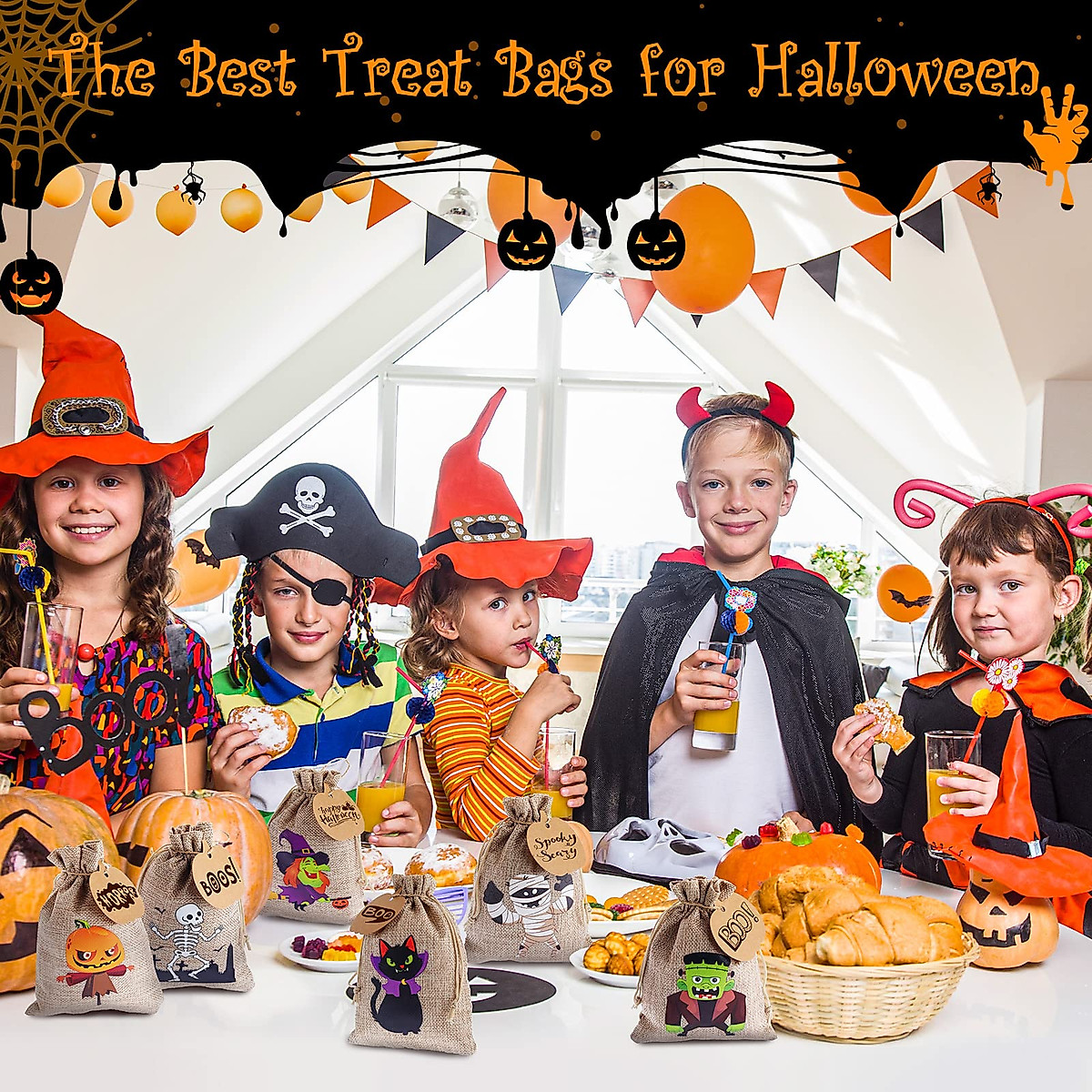 24 Pcs Halloween Burlap Treat Bags with Pumpkin Cards and Drawstring 7 x 5 Inch Halloween Linen Jute Bag Trick or Treat Burlap Candy Bag Halloween Candy Pouches for Halloween Party Favor (Funny Style)