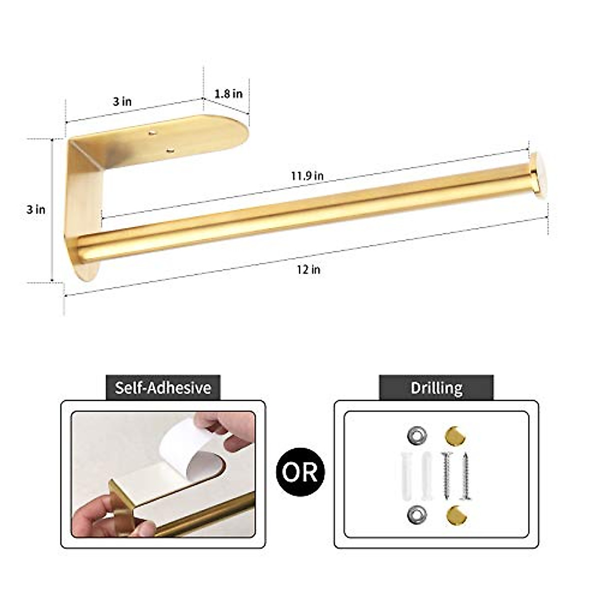 Gold Paper Towel Holder, OBODING, Self Adhesive or Drilling, Under Cabinet Paper Towel Holder Wall Mount, 304 Stainless Steel Kitchen Towel Holders for Kitchen, Cabinet, Bathroom (1 Pack, Gold)