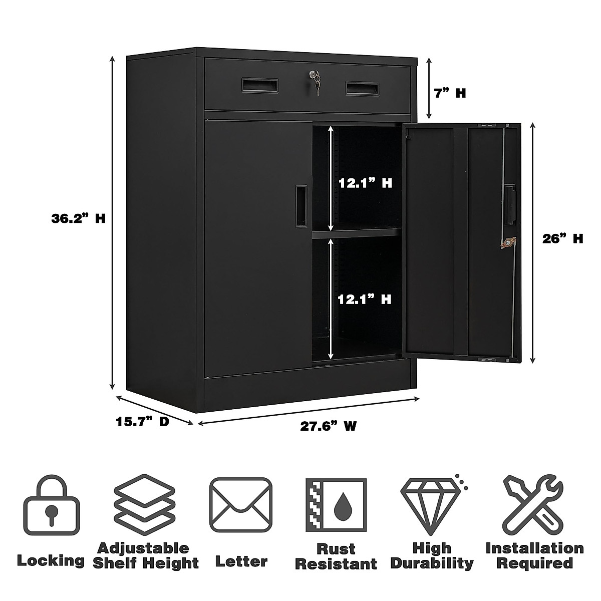 TaskStorz Metal Garage Storage Cabinets，Metal File Cabinet with 1 Locking Drawers, Lockable Storage Cabinets for Office, Home, Garage, Warehouse 36.2" H x 27.6" W x 15.7" D (Black)