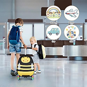 Goplus 2-in-1 Ride On Suitcase Scooter for Kids, Carry on Luggage with LED Flashing Wheels, Waterproof Shell, Retractable Steering Handle, Lightweight Folding Scooter for Boys Girls Travel (Bee)