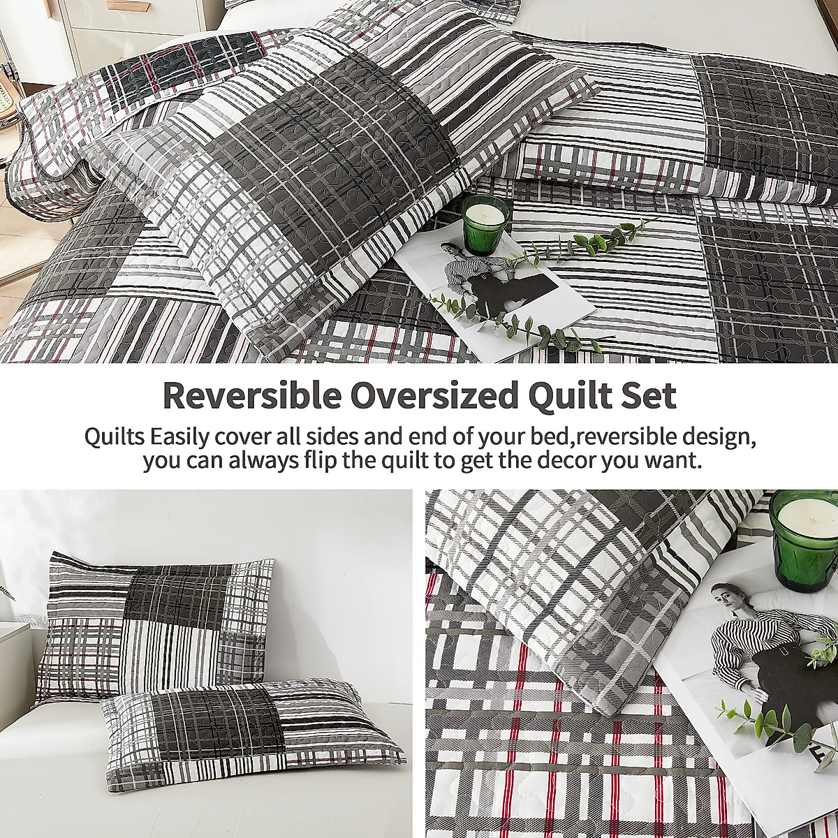 Bedspread Set Queen/Full Size Quilt Set Plaid Bed Spread Coverlet Black White Grey Plaid Patchwork Stripe Modern Quilt Bedspread Bedding Soft Lightweight Reversible Home Mens Quilts for Queen Bed