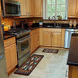 Rustic Southwestern Kitchen Rug Sets 2 Pieces Tribal Native American Indian Comfort Mat Geometric Cushioned Floor Mats Washable Doormat Anti Fatigue Non-Slip Kitchen Runner Rugs Bedroom Area Carpet