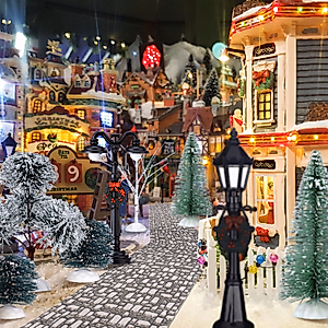 15 Pcs Christmas Figurine Village Accessories Miniature Pine Trees Snow Artificial Christmas Trees Cardinal Bare Branch Trees Streetlight Lamps Cobblestone Street Figurine for Xmas Winter (Elegant)