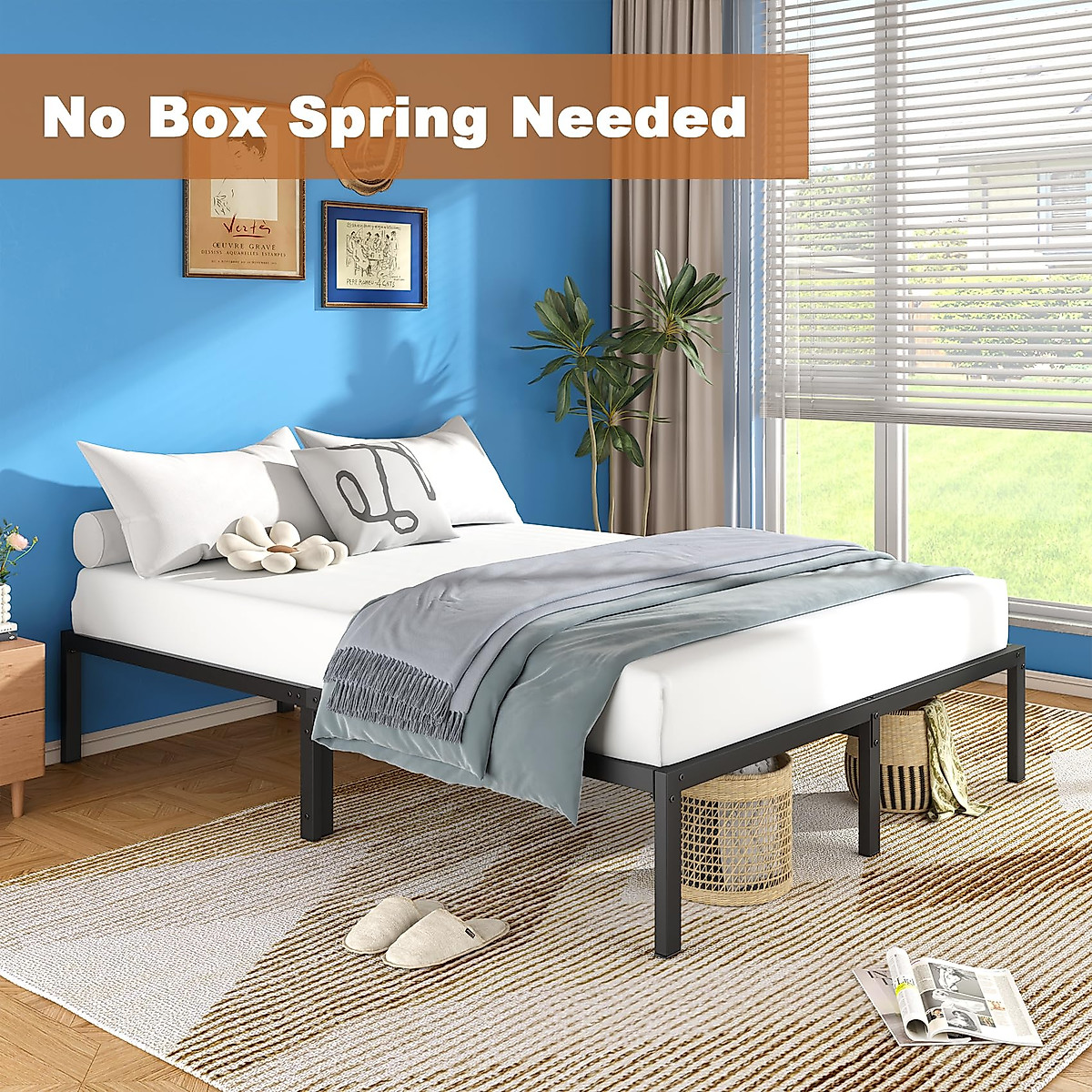 Mr IRONSTONE Full Bed Frame, 14 Inch Platform Heavy Duty Steel Full Size Bed Frame No Box Spring Needed, Metal Bed Frame with Storage, Heavy Duty Steel Slat