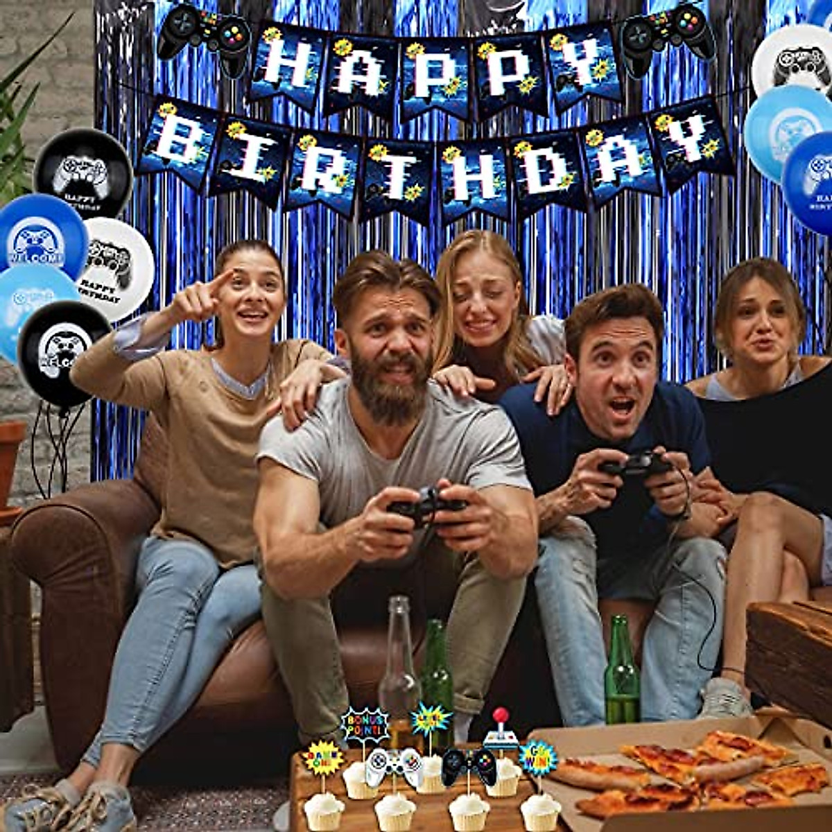 Video Game Party Supplies Set Birthday Decoration for Boys - Including HAPPY BIRTHDAY Gamer Banner, Controller Balloons, Fringe Curtains, Plates, Cups, Napkins, Tableware, Tablecloth, Balloons - Serves 20