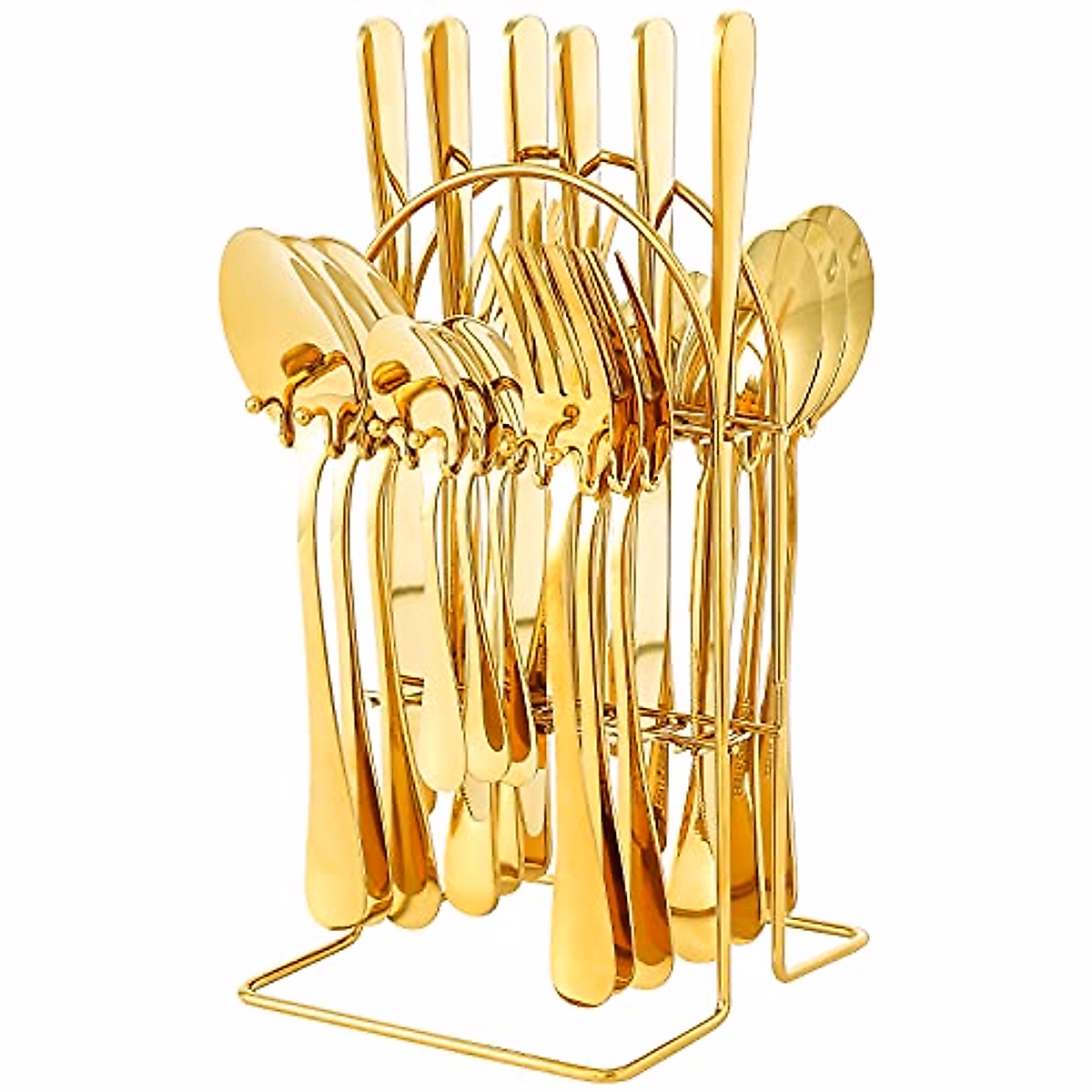 Silverware Set 24 Piece Gold Silverware Flatware Cutlery Set With Stand Include Knife Fork Spoon,Hanging Stainless Steel Utensils Set Service for 6,Dishwasher Safe (gold)