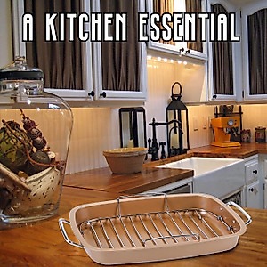 Heavy Gauge, Carbonized Steel, Commercial Kitchen Grade Copper Non-Stick Roaster with Chrome Floating Rack for 22 lb Turkey by Elle Gourmet