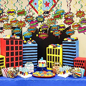 Superhero Hanging Swirls 30 Pack Hero Action Sign Foil Ceiling Hanging Swirls Streams Banner Decorations Garland for Kids Cartoon Superhero Baby Shower Celebrating Events Birthday Party Supplies Room Wall Decor