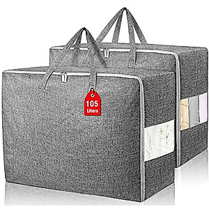 2Pack 105L Extra Large Storage Bags, Folding Moving Comforter Blanket Storage Bags Closet Organizers and Storage Containers for Clothes with Strong Handles&Zippers Clear Window for Bedding Pillow Grey