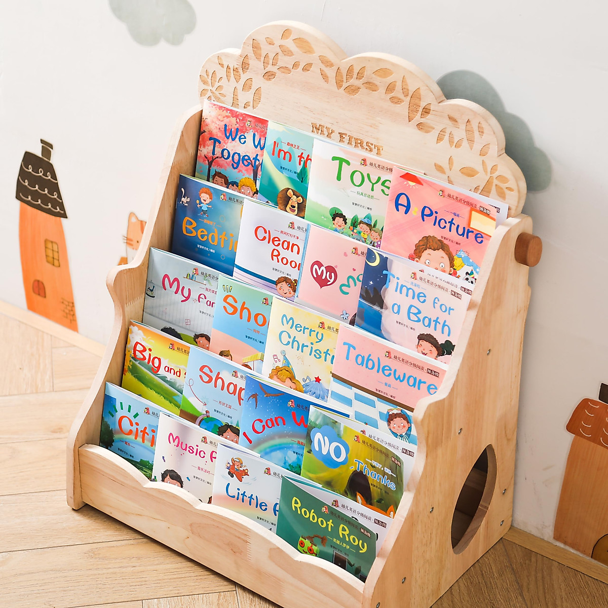 WOODEN TEETHER Kids Bookshelf Rubber Wood 5-Tier Montessori Bookshelf for Kids Durable Bookcase with Chalkboard & Storage Book Shelf Display Rack for Nursery Kids Room