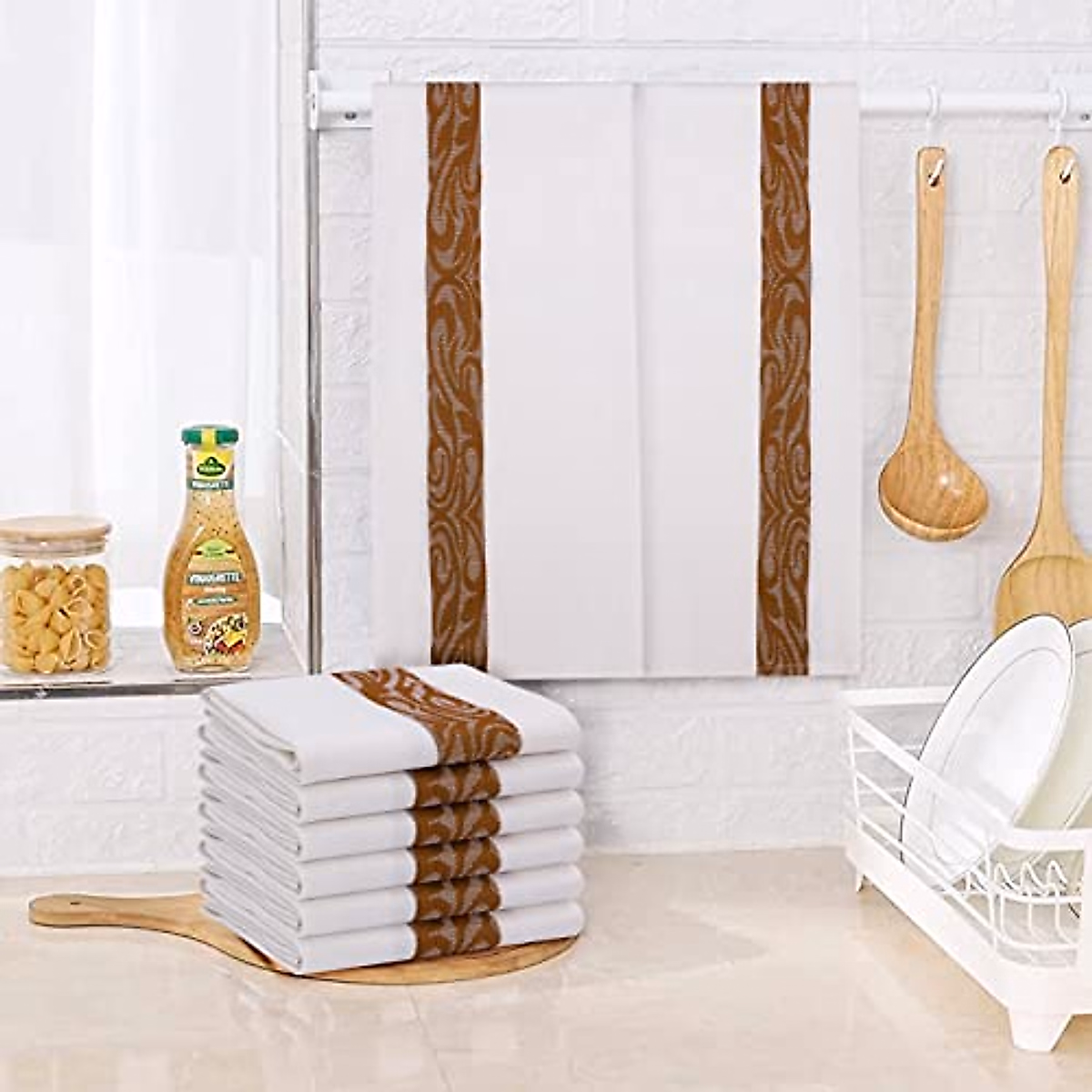 RUVANTI 100% Cotton Kitchen Towels Jacquard, Dish Towels for Kitchen, Washable Dish Cloths, Soft Tea Towels, Super Absorbent for Cleaning, Dishcloths for Quick Drying, 16x26, 12 Pack – Brown & White