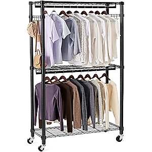 SIMFLAG Clothing Rack, 3 Tiers Garment Rack with Shelves, Rolling Garment Rack, Clothing Racks for Hanging Clothes, Lockable Wheels and Side Hooks, Max Load 460 lbs